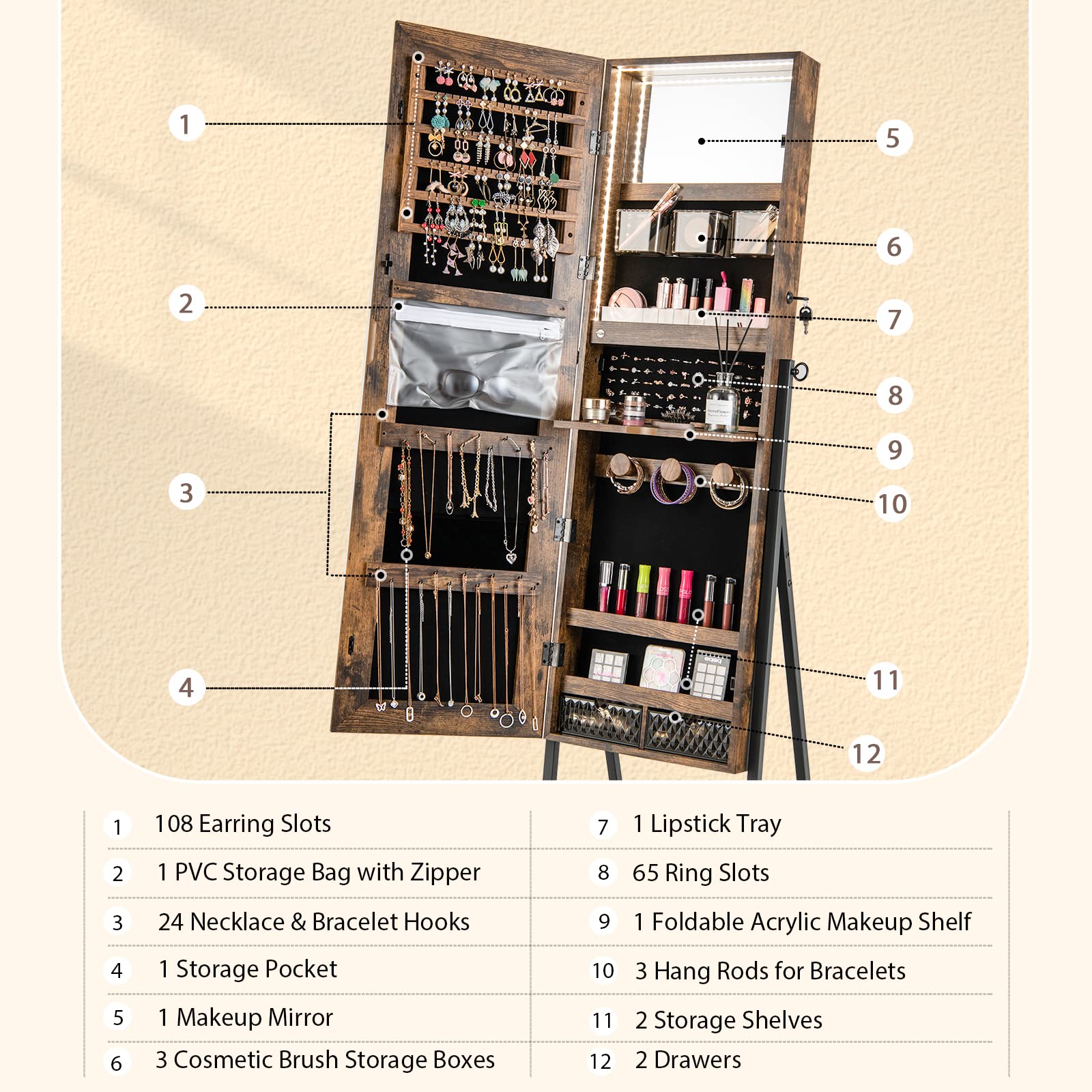 CHARMAID LED Strip Jewelry Armoire with Full Length Mirror, Lockable Jewelry Cabinet Organizer with 3-Color Lights, 3 Brush Boxes, 2 Drawers, Bottom Storage Shelf, Metal Frame (Rustic Brown)