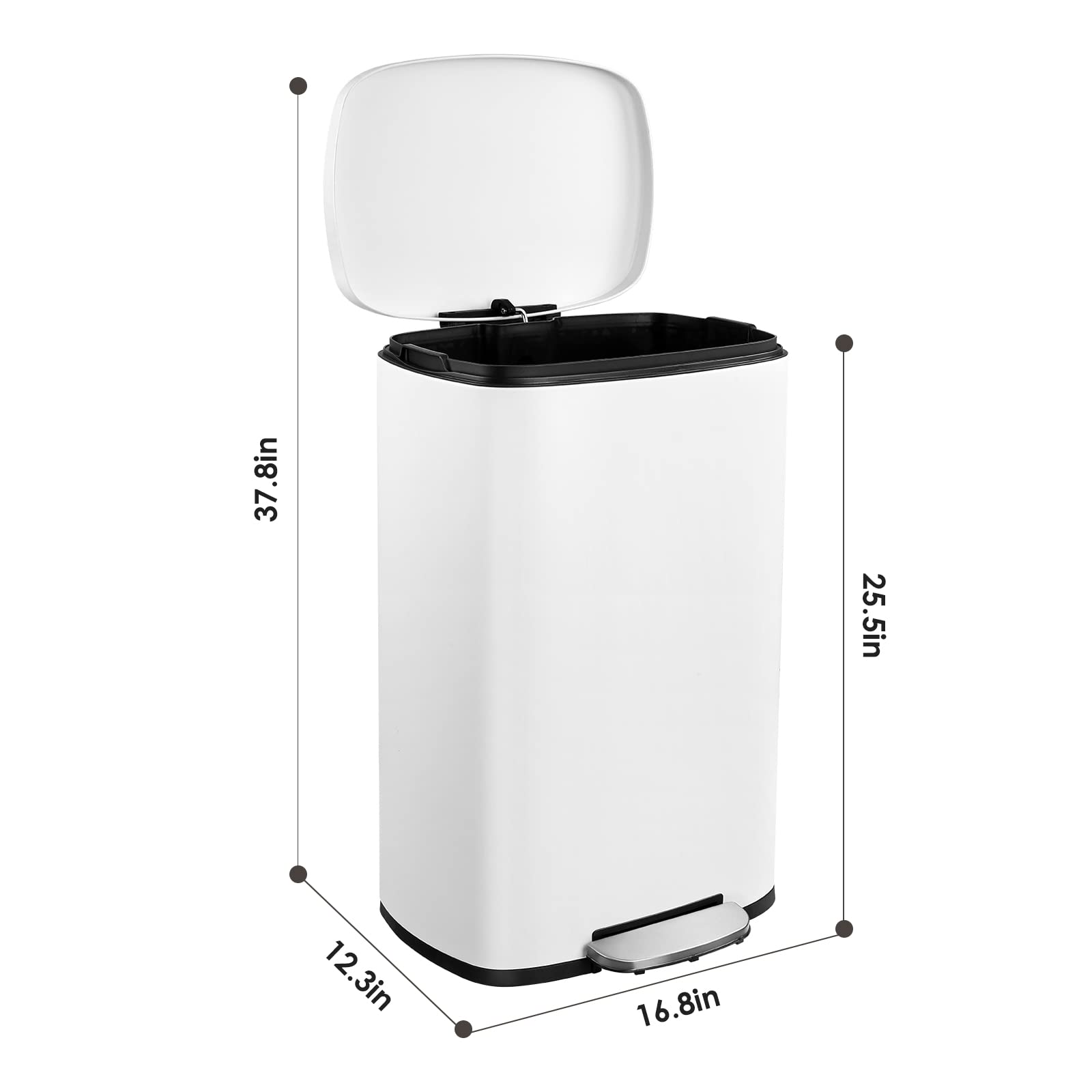 FINETONES Trash Can, Stainless Steel Garbage Can with Silent Lid, Durable Pedal & Inner Bucket, Pedal Garbage Bin for Kitchen Inside Outside (50L, White)