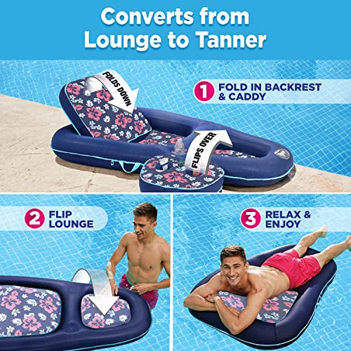 Aqua Campania Ultimate 2-in-1 Pool Float Lounge – Extra Large – Inflatable Pool Floats for Adults with Adjustable Backrest & Cupholder Caddy – Navy Hibiscus