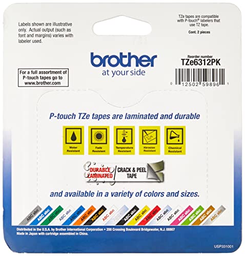 Brother Genuine P-Touch, TZe-6312Pk Tape ½” (12mm) 2-Pack Laminated P-Touch Tape, Black On Yellow Perfect for Indoor Or Outdoor Use, Water Resistant, 26.2 Ft. (8M)