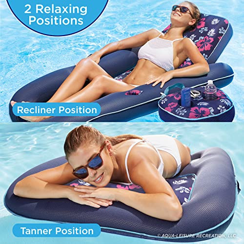 Aqua Campania Ultimate 2-in-1 Pool Float Lounge – Extra Large – Inflatable Pool Floats for Adults with Adjustable Backrest & Cupholder Caddy – Navy Hibiscus