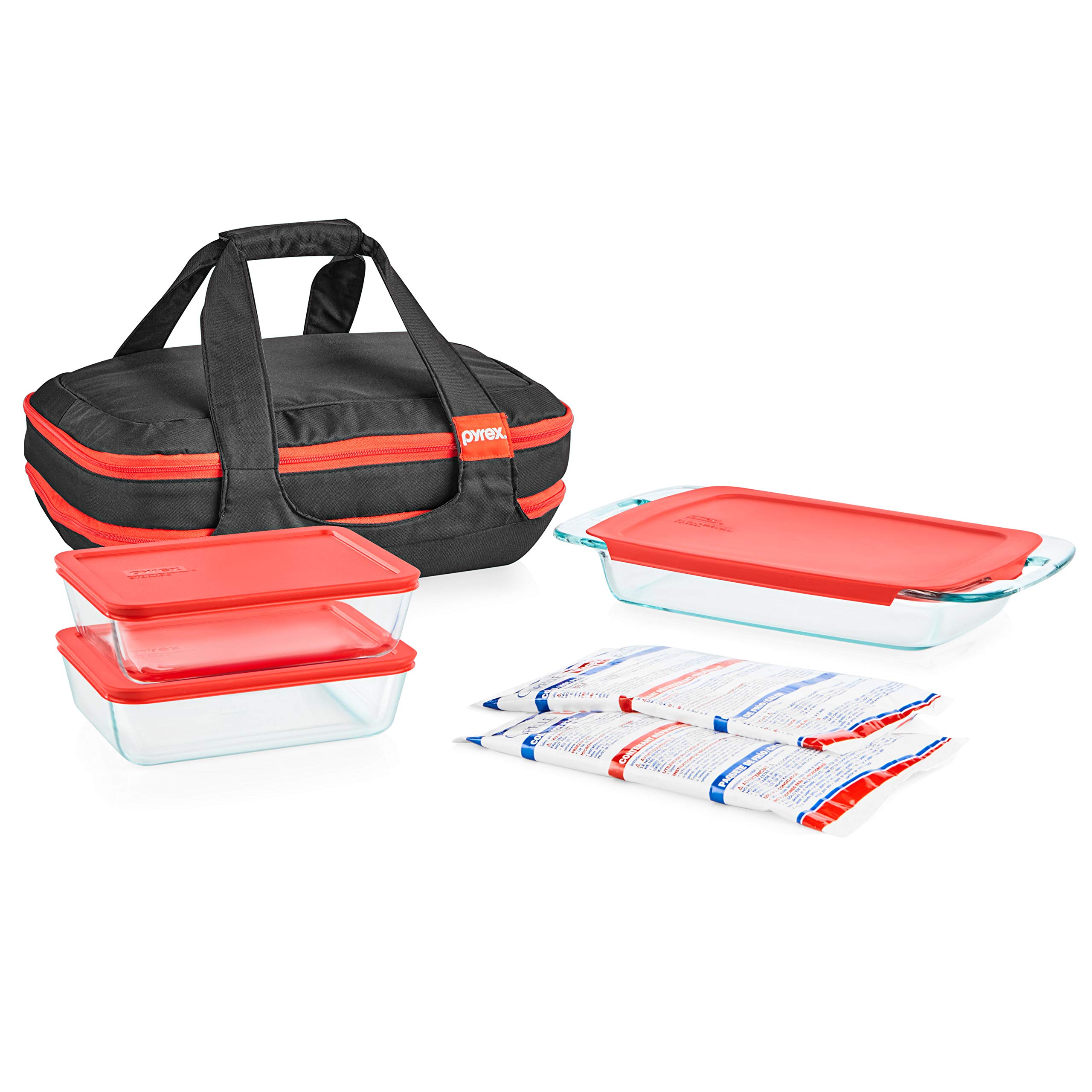 Pyrex Easy Grab 9-Piece Glass Baking Dish Set with Lids and Insulated Carrier, Glass Food Storage Containers with Insulated Bag and Hot/Cold Packs, Non-Toxic, BPA-Free Lids, Bakeware Set