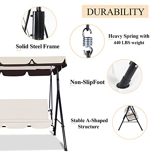 QZEN 3-Seat Porch Swing with Stand, Outdoor Patio Swing Chair with Adjustable Canopy and Durable Steel Frame for Patio, Backyard