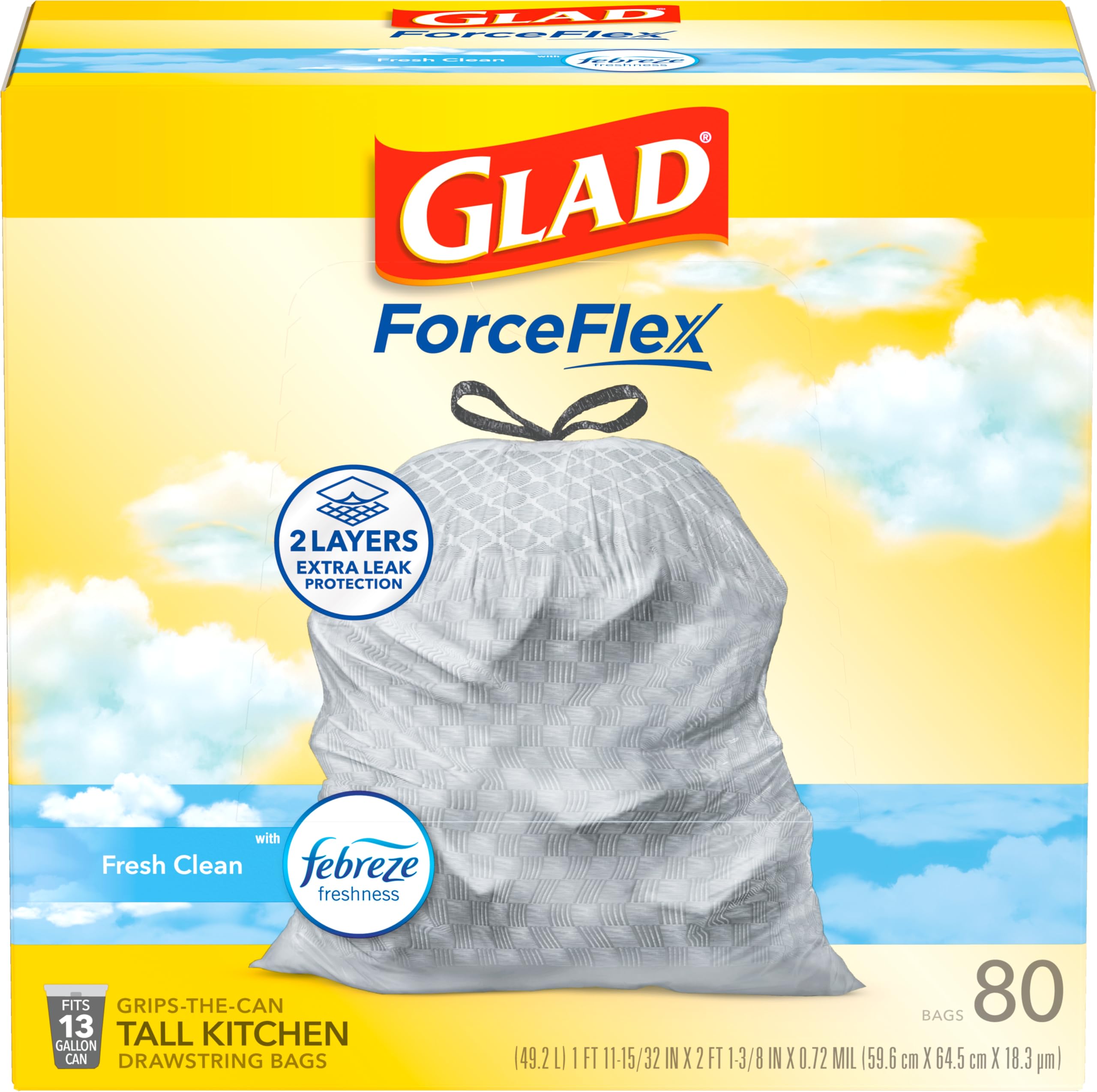 GLAD ForceFlex Tall Drawstring Trash Bags, 13 Gallon Grey Trash Bags for Tall Kitchen Trash Can, Fresh Clean with Febreze Freshness to Eliminate Odors, 80 Count - Packaging May Vary