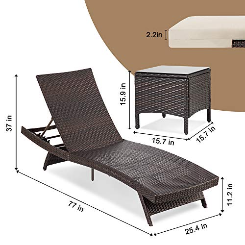Pamapic Patio Chaise Lounge Set 3 Pieces,Patio Lounge Chair with Adjustable Backrest and Removable Cushion, Outdoor Pool Lounge Chair Set for Patio Poolside Backyard Porch
