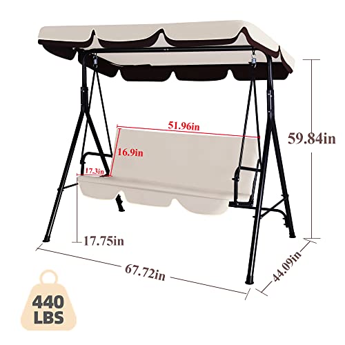 QZEN 3-Seat Porch Swing with Stand, Outdoor Patio Swing Chair with Adjustable Canopy and Durable Steel Frame for Patio, Backyard
