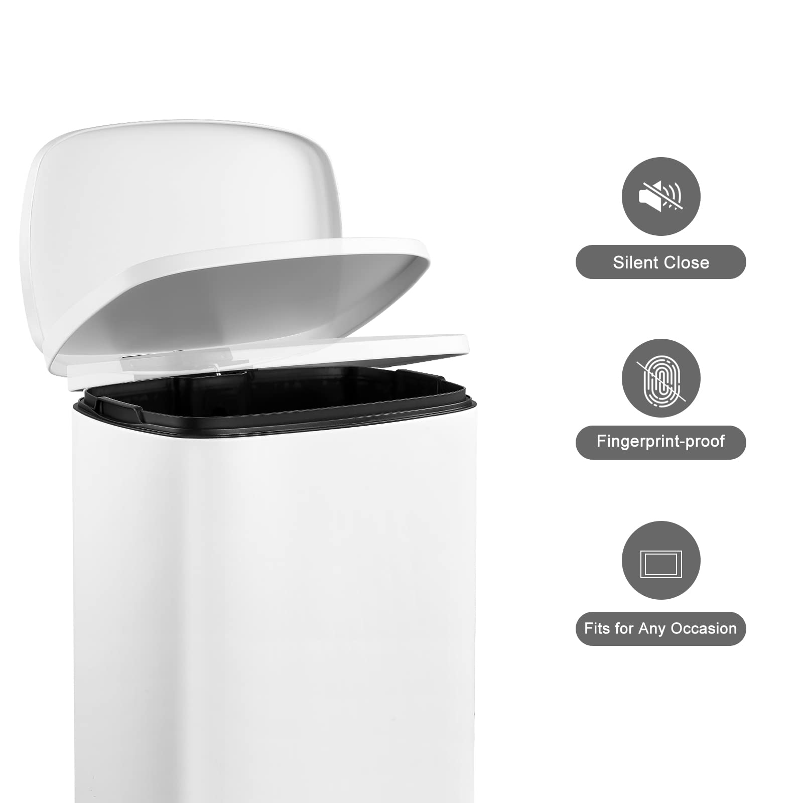 FINETONES Trash Can, Stainless Steel Garbage Can with Silent Lid, Durable Pedal & Inner Bucket, Pedal Garbage Bin for Kitchen Inside Outside (50L, White)
