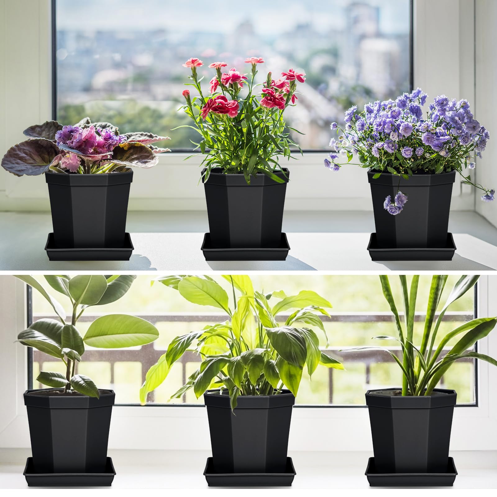 LWALRS Square Plant Saucer 6 8 10 12 14 16 18 20 Inch 5 Pack, Plastic Plant Saucers, Plant Water Dray Tray, Garden Planters for for Pots Base Indoors and Outdoors Plants(6 inch Black)