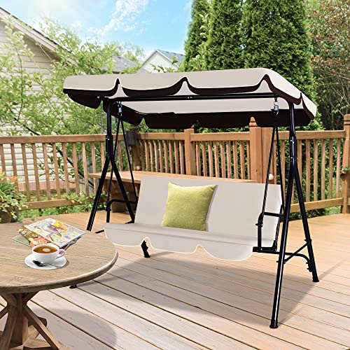 QZEN 3-Seat Porch Swing with Stand, Outdoor Patio Swing Chair with Adjustable Canopy and Durable Steel Frame for Patio, Backyard