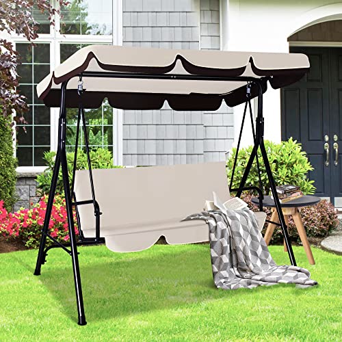 QZEN 3-Seat Porch Swing with Stand, Outdoor Patio Swing Chair with Adjustable Canopy and Durable Steel Frame for Patio, Backyard