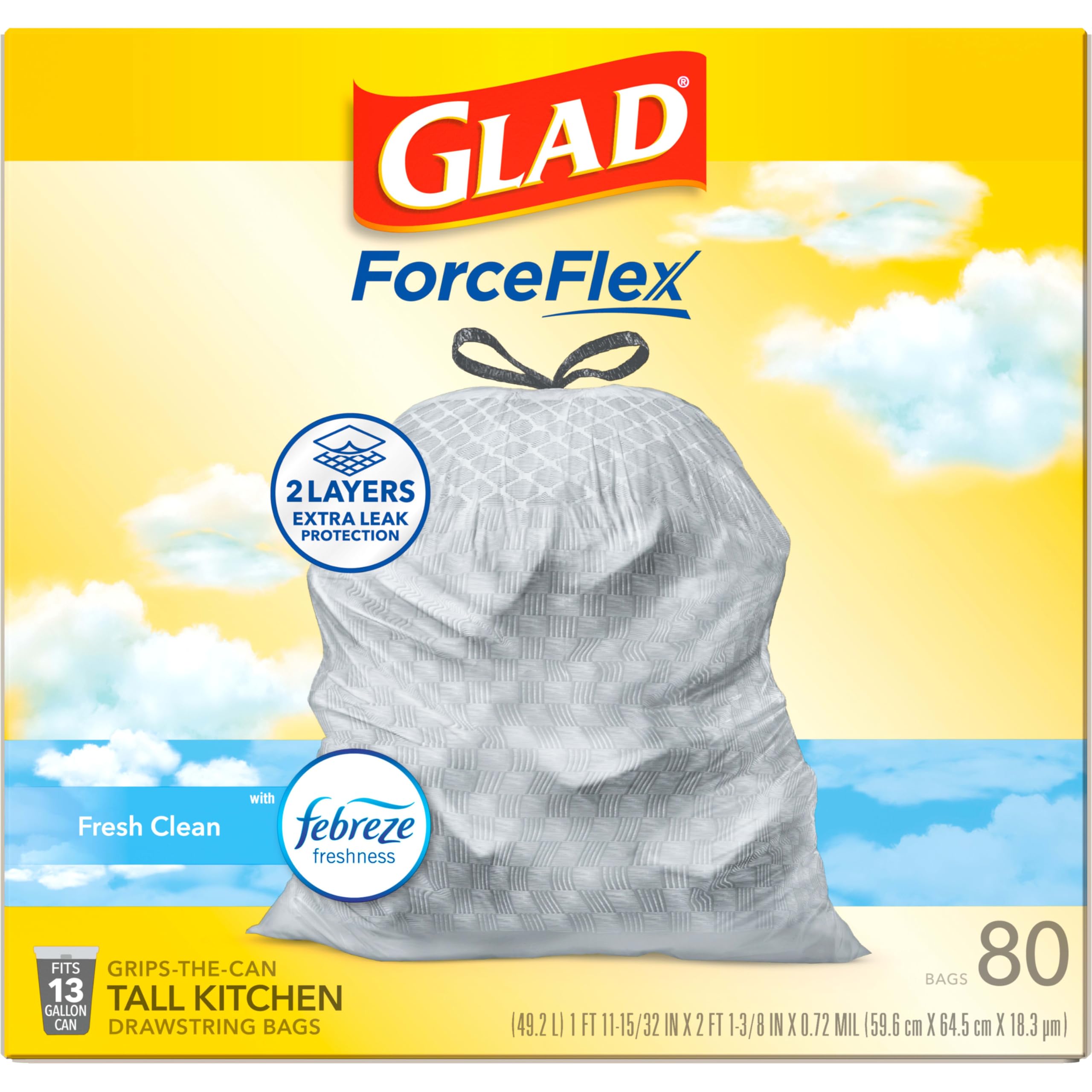 GLAD ForceFlex Tall Drawstring Trash Bags, 13 Gallon Grey Trash Bags for Tall Kitchen Trash Can, Fresh Clean with Febreze Freshness to Eliminate Odors, 80 Count - Packaging May Vary