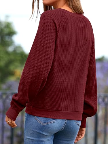 PRETTYGARDEN Women Drop Shoulder Long Sleeve Sweatshirt Fall v Neck Oversized Crop Pullover Winter Waffle Knit Henley Tops Button Down Shirt (Jujube Red, XX-Large)