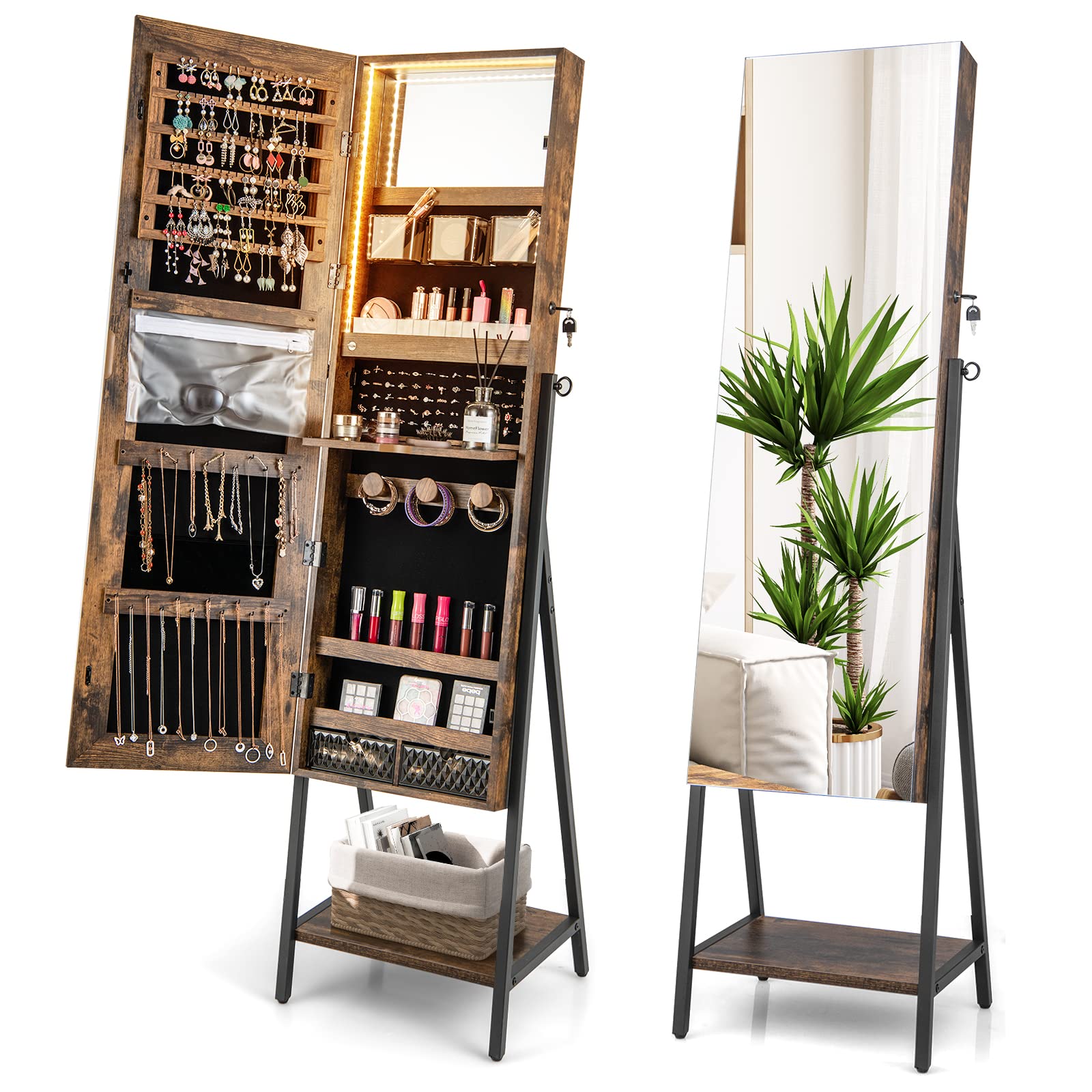 CHARMAID LED Strip Jewelry Armoire with Full Length Mirror, Lockable Jewelry Cabinet Organizer with 3-Color Lights, 3 Brush Boxes, 2 Drawers, Bottom Storage Shelf, Metal Frame (Rustic Brown)