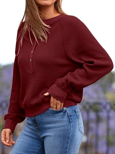 PRETTYGARDEN Women Drop Shoulder Long Sleeve Sweatshirt Fall v Neck Oversized Crop Pullover Winter Waffle Knit Henley Tops Button Down Shirt (Jujube Red, XX-Large)