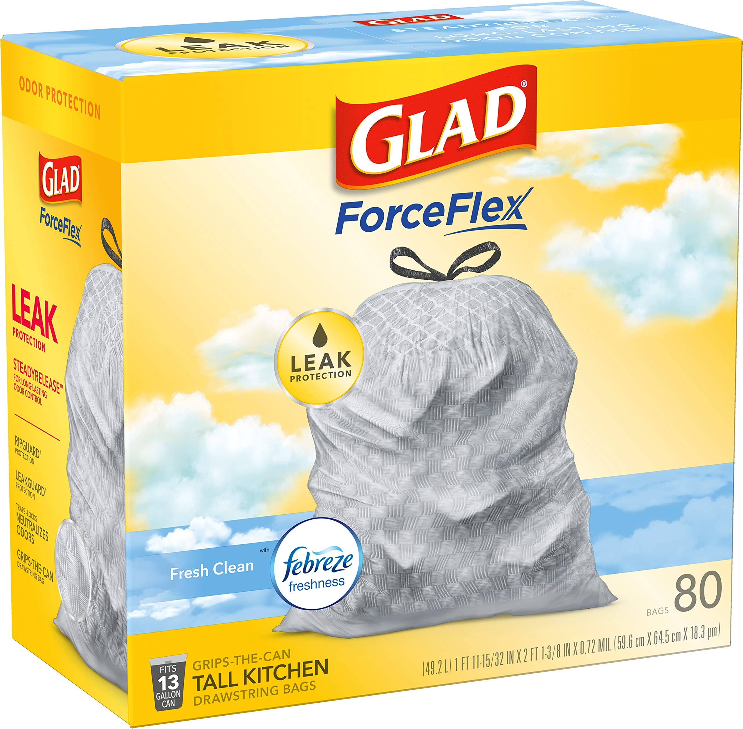 GLAD ForceFlex Tall Drawstring Trash Bags, 13 Gallon Grey Trash Bags for Tall Kitchen Trash Can, Fresh Clean with Febreze Freshness to Eliminate Odors, 80 Count - Packaging May Vary