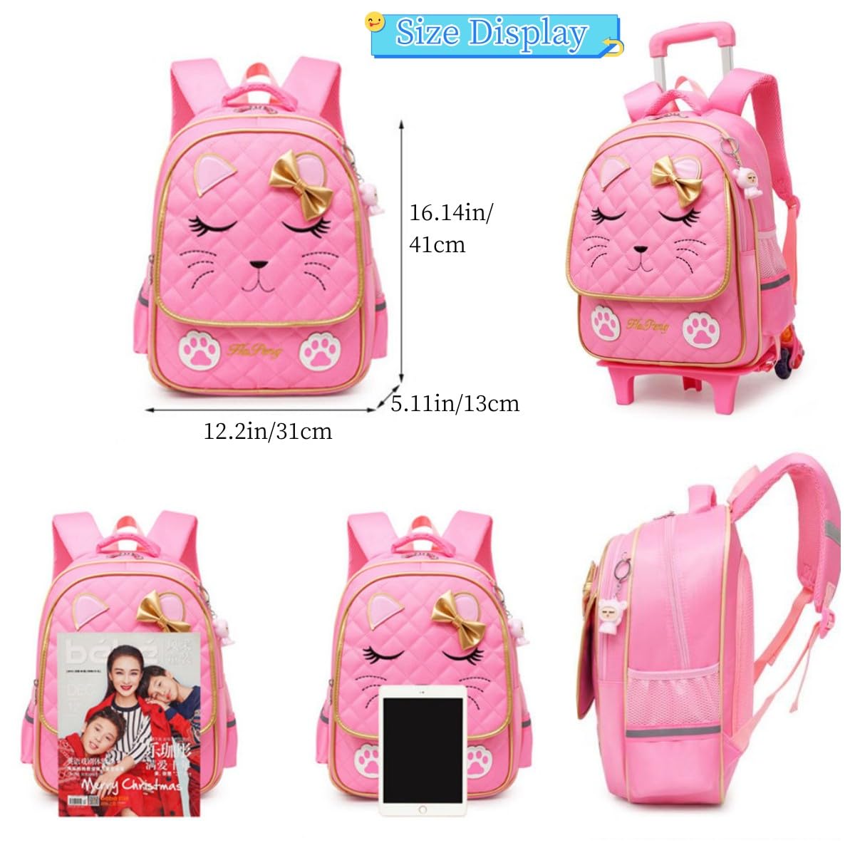 Girls Rolling Backpack Trolley School Bags Cat Face Print Travel Wheeled Carry-on Kids' Luggage