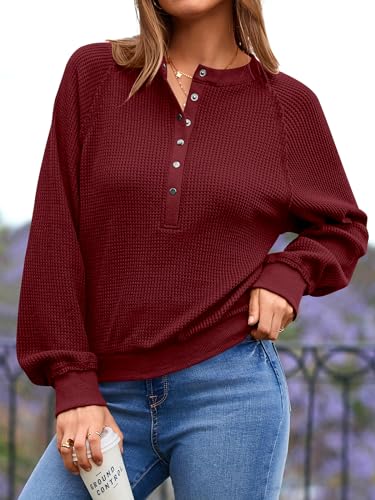 PRETTYGARDEN Women Drop Shoulder Long Sleeve Sweatshirt Fall v Neck Oversized Crop Pullover Winter Waffle Knit Henley Tops Button Down Shirt (Jujube Red, XX-Large)