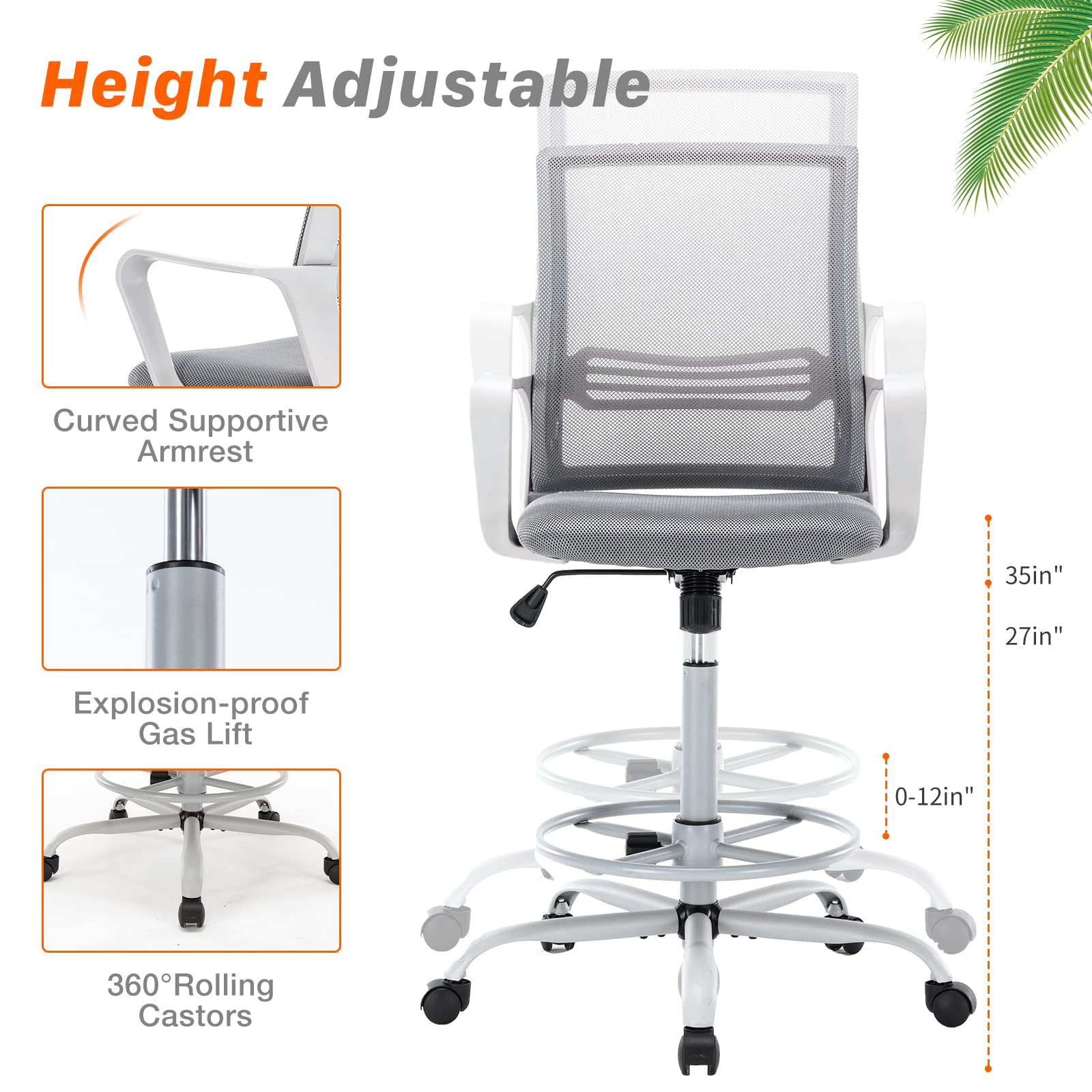 AFO Mid-Back Mesh Tall Office Drafting Stool Chairs with Armrest for Standing Desk, Grey
