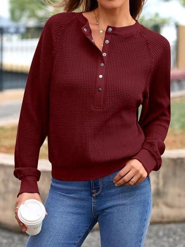 PRETTYGARDEN Women Drop Shoulder Long Sleeve Sweatshirt Fall v Neck Oversized Crop Pullover Winter Waffle Knit Henley Tops Button Down Shirt (Jujube Red, XX-Large)