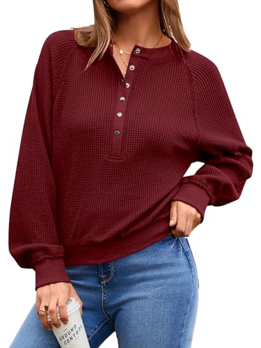 PRETTYGARDEN Women Drop Shoulder Long Sleeve Sweatshirt Fall v Neck Oversized Crop Pullover Winter Waffle Knit Henley Tops Button Down Shirt (Jujube Red, XX-Large)