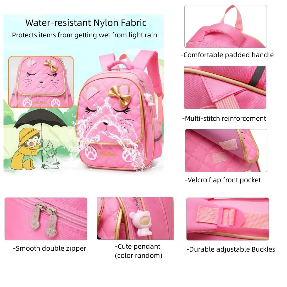 Girls Rolling Backpack Trolley School Bags Cat Face Print Travel Wheeled Carry-on Kids' Luggage