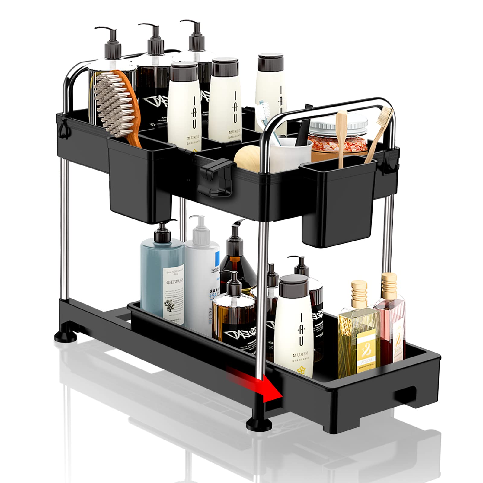 Luyata 2 Pack Under Sink Organizers, 2 Tier Under Cabinet Organizer Sliding, Under Cabinet Storage, Kitchen Organizer, Bathroom Organizer Under Sink With 8 Divider 8 Hooks and 4 Hanging Cups Black