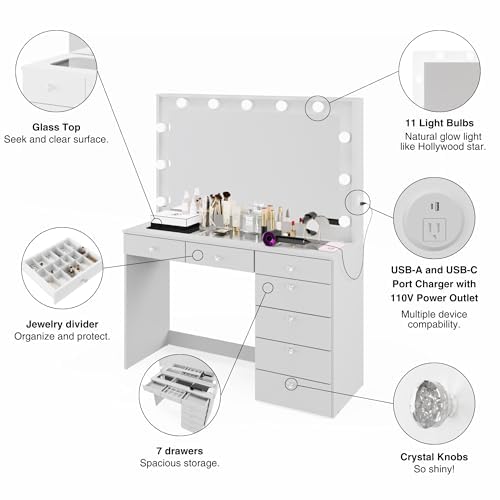 Boahaus Serena Modern Makeup Vanity with Hollywood Light Bulbs Add-On, 7 Drawers, Wide Mirror, Glam Glass Top for Bedroom