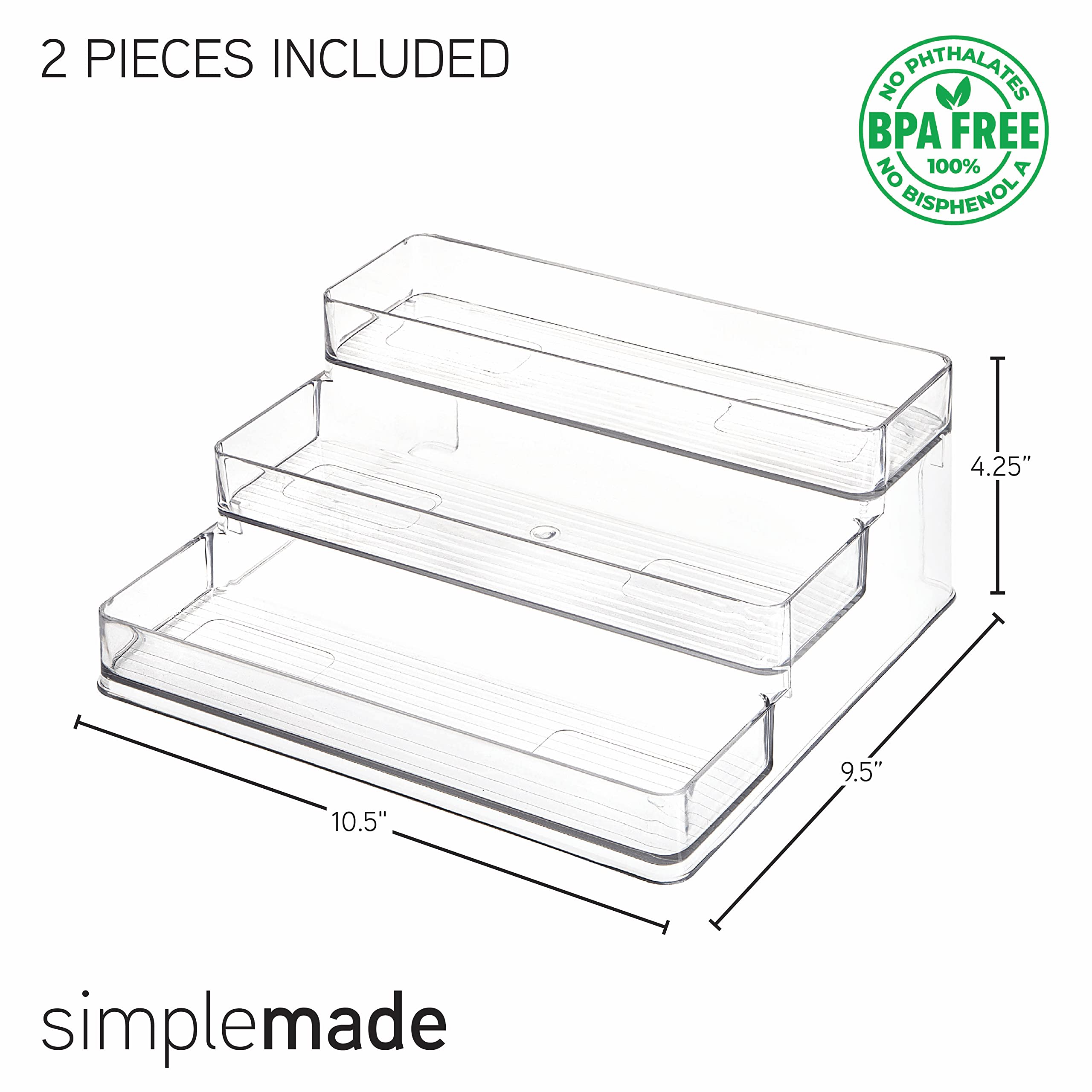 SIMPLEMADE Clear Spice Rack - 2 Pack Three-Tiered Shelf, Countertop, and Cabinet Storage and Spice Organizer for Kitchen, Bathroom, Bedroom, and Office, Home Storage and Organization Solutions