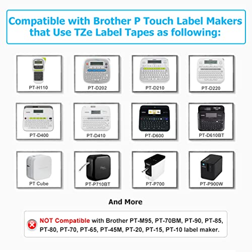6-Pack Compatible with Brother P Touch TZe TZ Label Tape 12mm 0.47 Laminated (White/Clear/Red/Blue/Yellow/Green) for Ptouch PT-D210 PT-H110 PT-D220 PTD400 PTD410 Label Maker, Anycolor