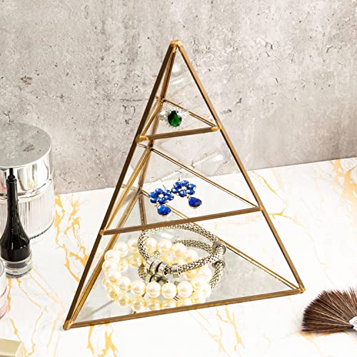 MyGift Glass Pyramid Small Jewelry Organizer Box with Brass Metal Frame, 3 Tier Crystal Display Case