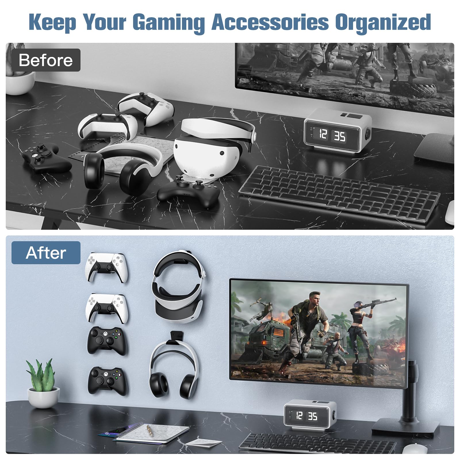 KUNSLUCK 6 Pack Controller Wall Mount for PS5, Xbox, Switch Controller, Wall Mount Stand for Controller&Headset, Adhesive/Screws Installation (Black)
