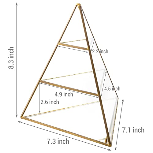 MyGift Glass Pyramid Small Jewelry Organizer Box with Brass Metal Frame, 3 Tier Crystal Display Case