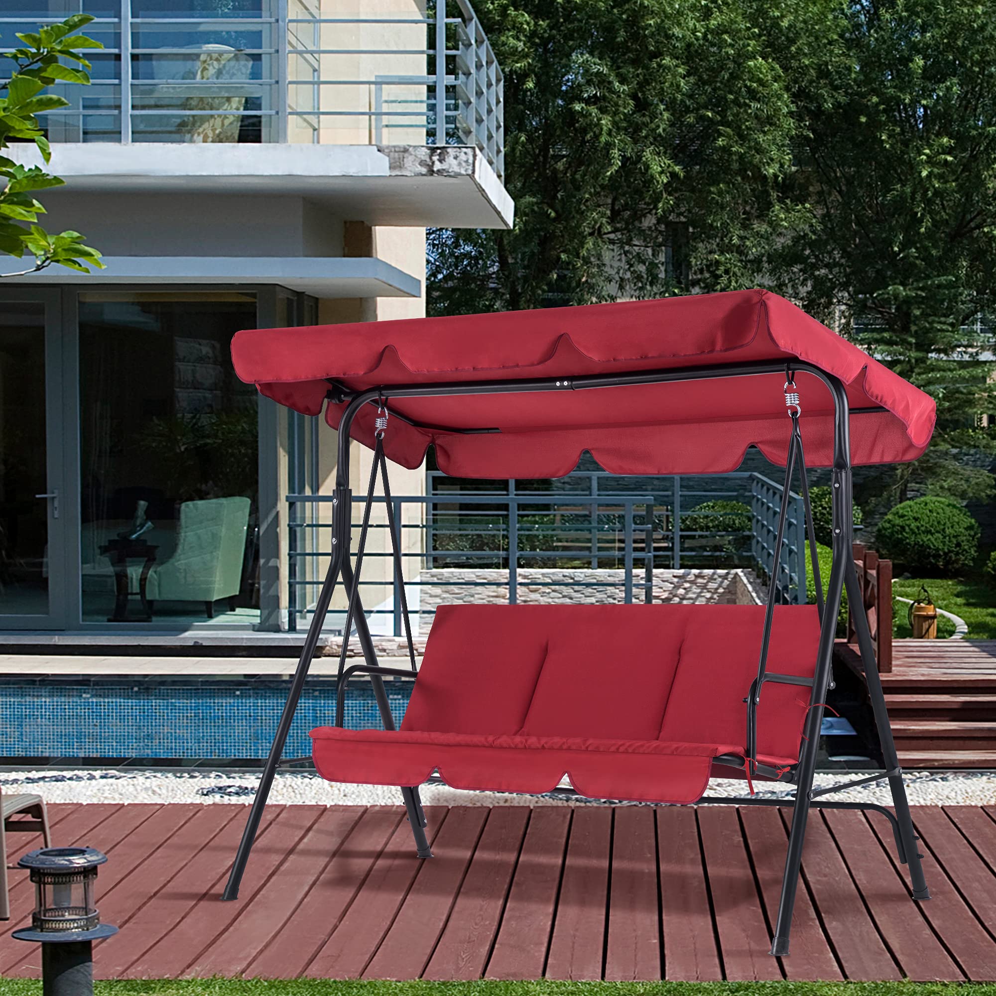 MCombo 3-Person Outdoor Patio Swing Chair, Convertible Canopy Hanging Swing Glider Lounge Chair, Removable Cushions, 4003 (Red)