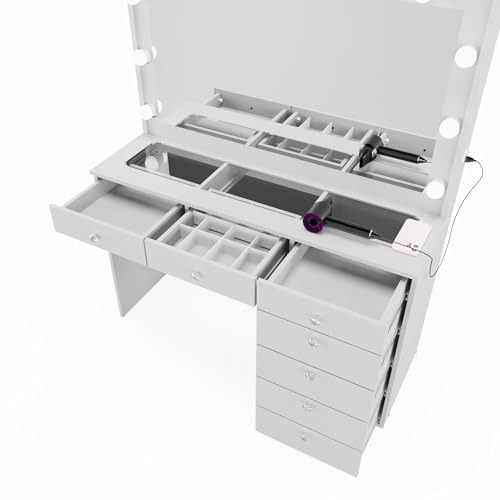 Boahaus Serena Modern Makeup Vanity with Hollywood Light Bulbs Add-On, 7 Drawers, Wide Mirror, Glam Glass Top for Bedroom