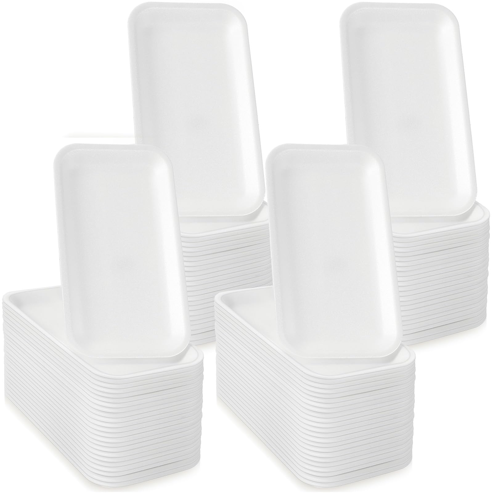 EBOOT 100 Pcs Foam Meat Trays White Foam Crafts Trays Bulk Disposable Food Plates Rectangle Painting Dish for Halloween Christmas Printmaking DIY Art Supplies, 8.3 x 4.4 x 0.55 Inches