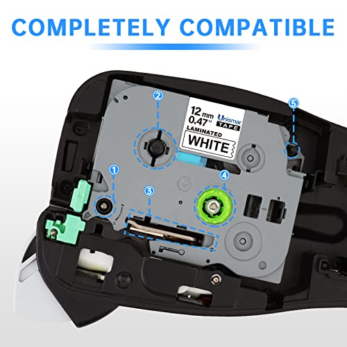 Unismar Tze 12mm 0.47 Laminated White Tape Compatible for Brother TZe-231 TZe231 for Ptouch PT-D220 PTD210 PTH110 PTH100 PTD600 PTD200 Label Maker, Black on White 1/2'' x 26.2', 5 Pack