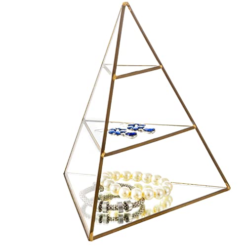 MyGift Glass Pyramid Small Jewelry Organizer Box with Brass Metal Frame, 3 Tier Crystal Display Case
