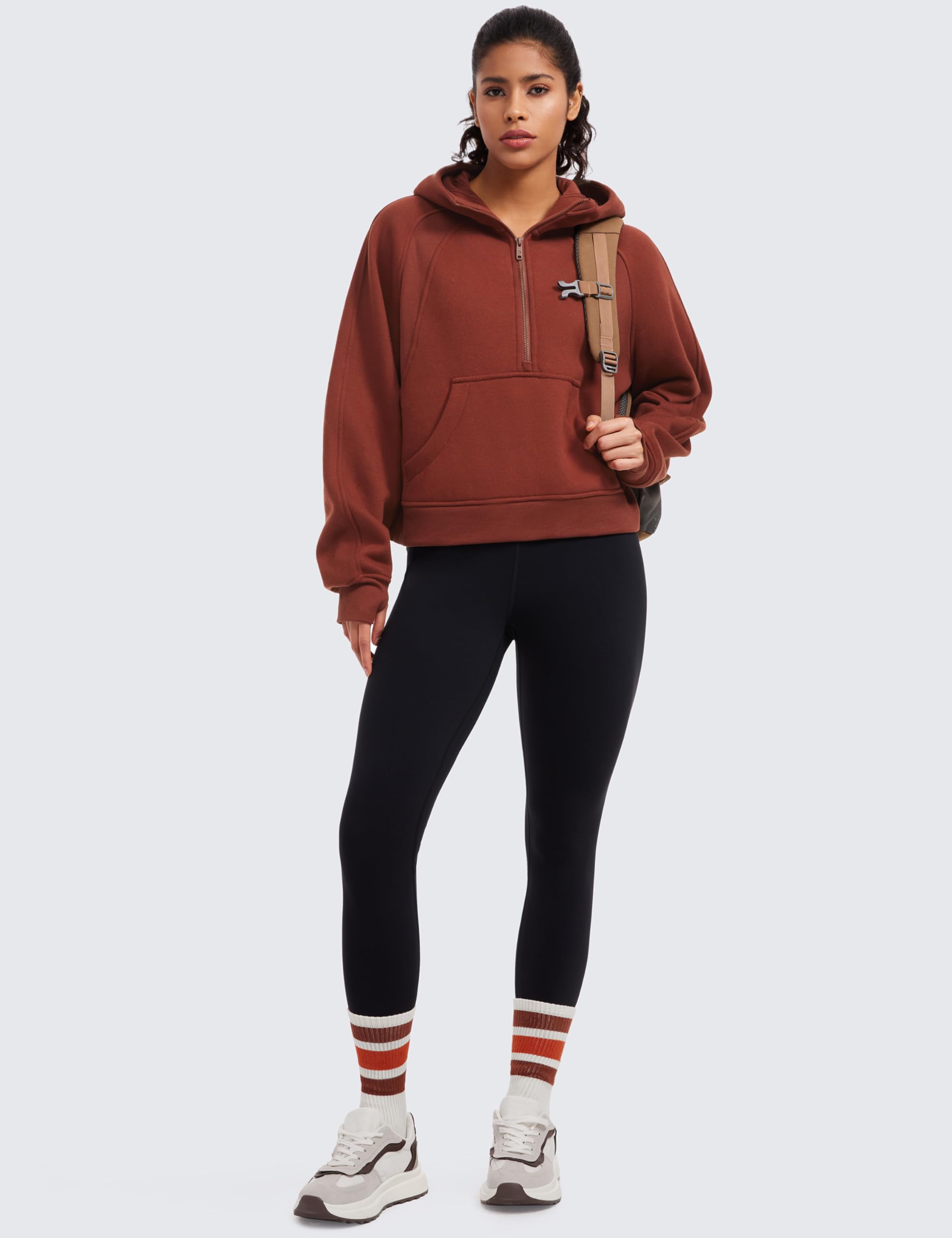 CRZ YOGA Womens Fleece Lined Half Zip Hoodies Pullover Oversized Long Sleeve Casual Workout Sweatshirts with Thumb Holes Jujube Brown Medium