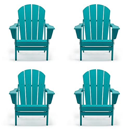 WO Home Furniture Adirondack Folding Chair 4 PC Set Classic Outdoor Patio Chair for Bon Fire Pit Lawn Backyard Beach Plastic Weather-Resistant (Turquoise)