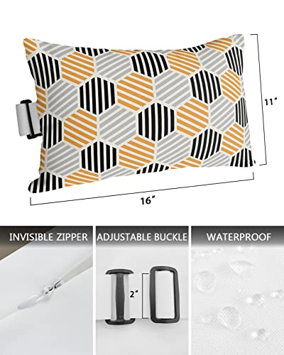 Recliner Head Pillow Ledge Loungers Chair Pillows with Insert Modern Art Orange Black Grey Hexagon Geometric Pattern Lumbar Pillow with Adjustable Strap Patio Garden Cushion for Bench Couch, 2 PCS