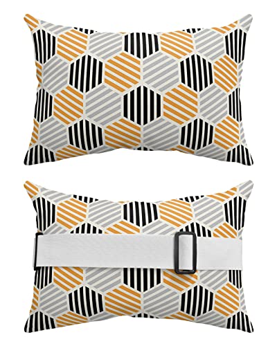Recliner Head Pillow Ledge Loungers Chair Pillows with Insert Modern Art Orange Black Grey Hexagon Geometric Pattern Lumbar Pillow with Adjustable Strap Patio Garden Cushion for Bench Couch, 2 PCS