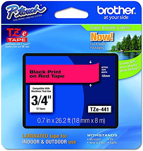 Brother Genuine P-Touch TZE-441 Tape, 3/4" (0.7") Wide Standard Laminated Tape, Black on Red, Laminated for Indoor or Outdoor Use, Water-Resistant, 0.7" x 26.2' (18mm x 8M), Single-Pack, TZE441 (6)