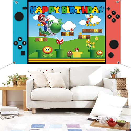 通用 Super Bros Mario Happy Birthday Backdrop Banner,Video Game Birthday Party Supplies Decorations,Super Theme Mario Bros Photography Poster Backdrop (C002)