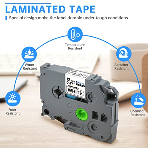 Unismar Tze 12mm 0.47 Laminated White Tape Compatible for Brother TZe-231 TZe231 for Ptouch PT-D220 PTD210 PTH110 PTH100 PTD600 PTD200 Label Maker, Black on White 1/2'' x 26.2', 5 Pack