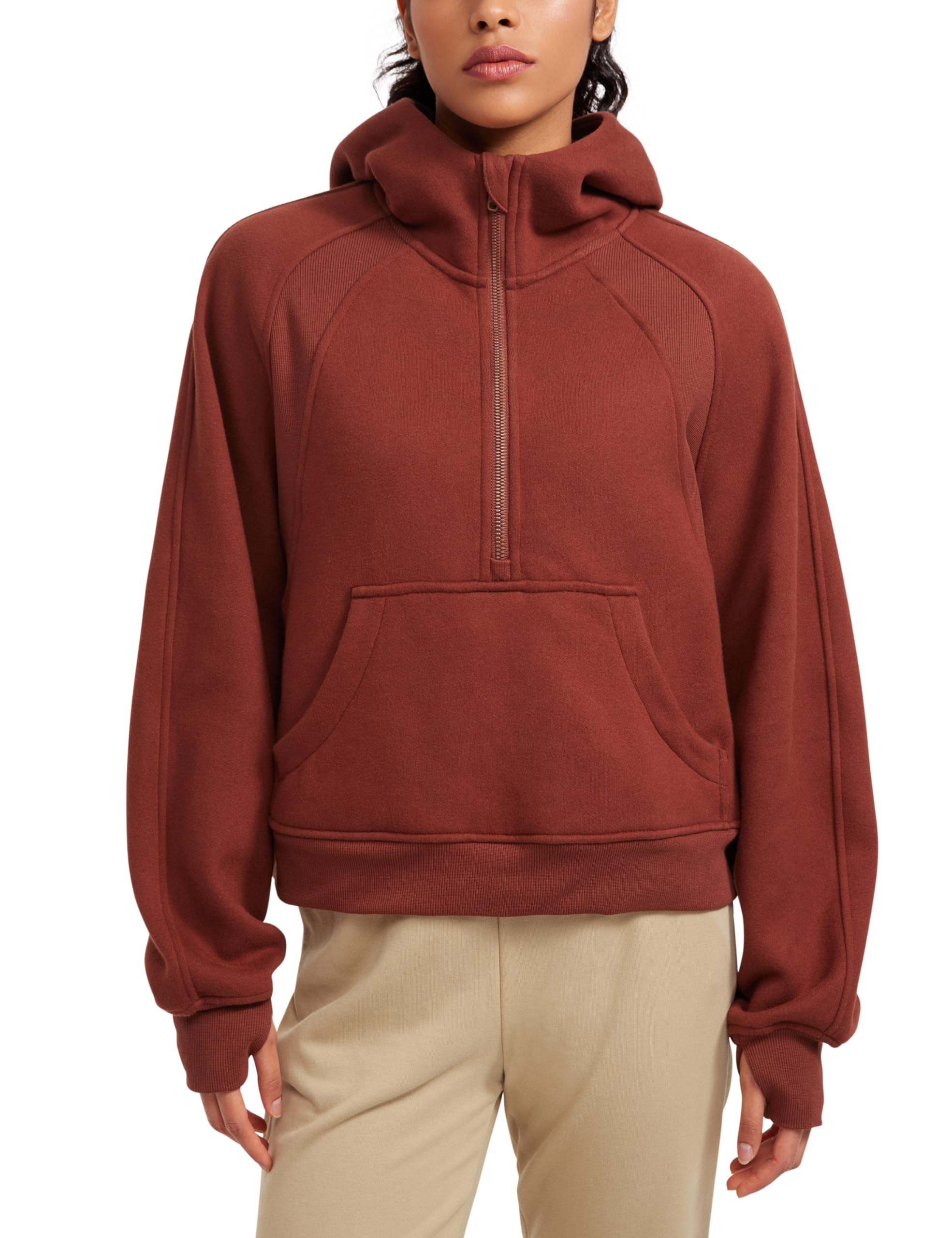 CRZ YOGA Womens Fleece Lined Half Zip Hoodies Pullover Oversized Long Sleeve Casual Workout Sweatshirts with Thumb Holes Jujube Brown Medium