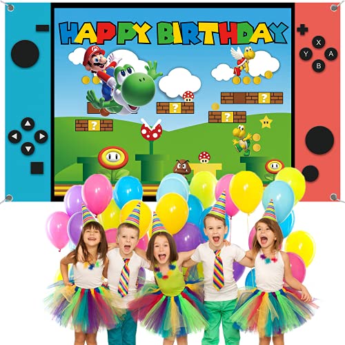 通用 Super Bros Mario Happy Birthday Backdrop Banner,Video Game Birthday Party Supplies Decorations,Super Theme Mario Bros Photography Poster Backdrop (C002)