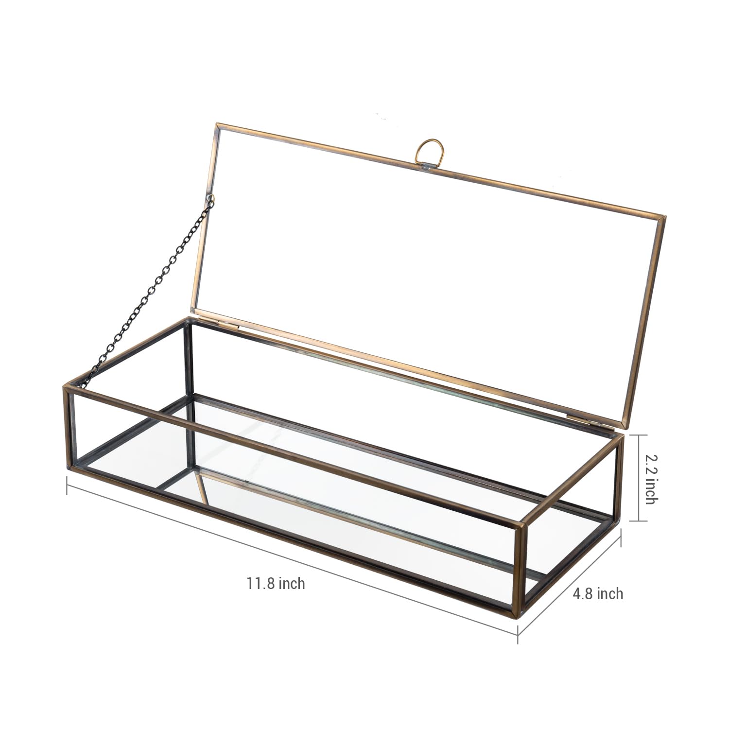 MyGift Glass Jewelry Box, Vintage Style Brass Metal & Clear Glass Mirrored Shadow Box Jewelry Display Case with Hinged Top Lid