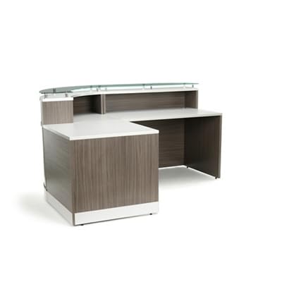 NBF Modern Reception Desk with Counter, Front Desk, Retail Checkout Counter, L Shaped, Office, Lobby, Salon, Store, Curved, 79" W x 63" D, Driftwood