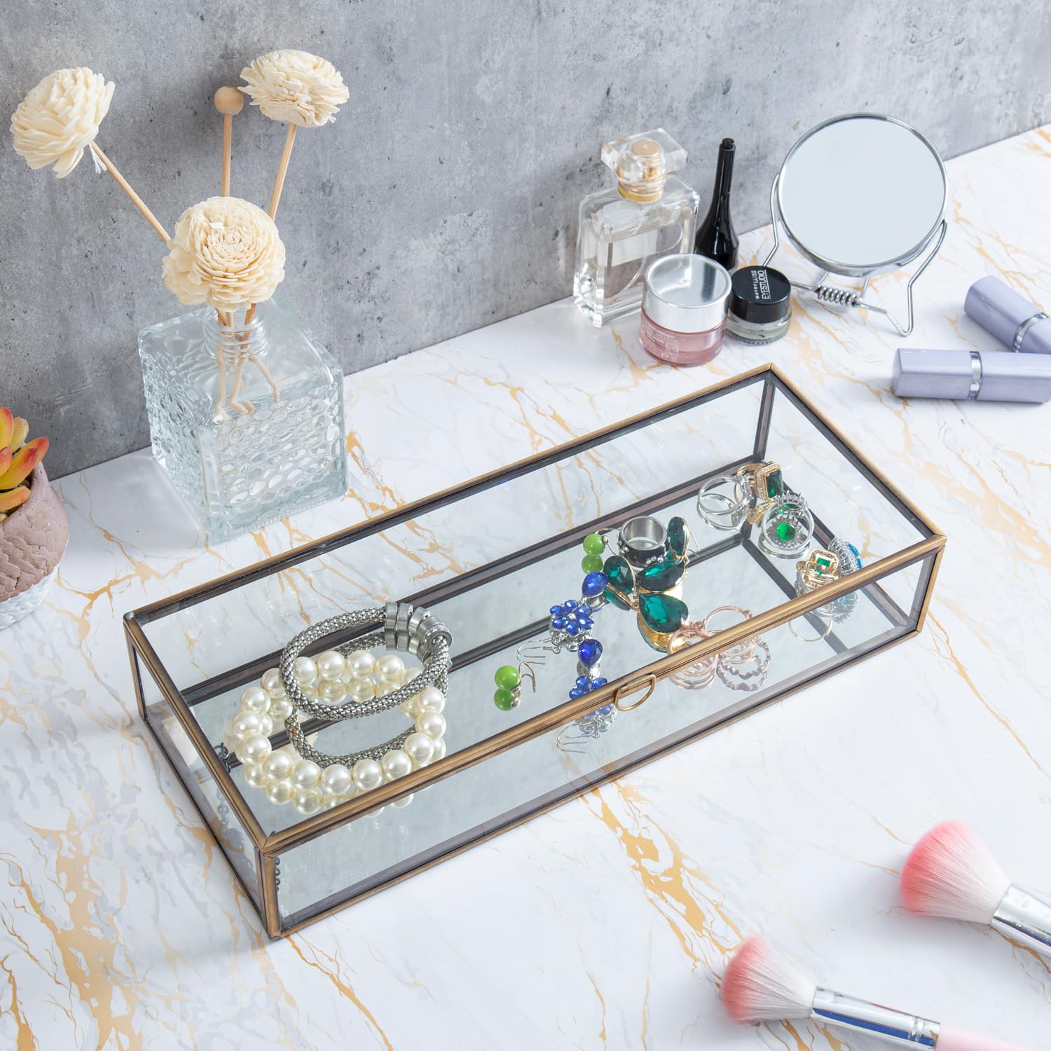 MyGift Glass Jewelry Box, Vintage Style Brass Metal & Clear Glass Mirrored Shadow Box Jewelry Display Case with Hinged Top Lid