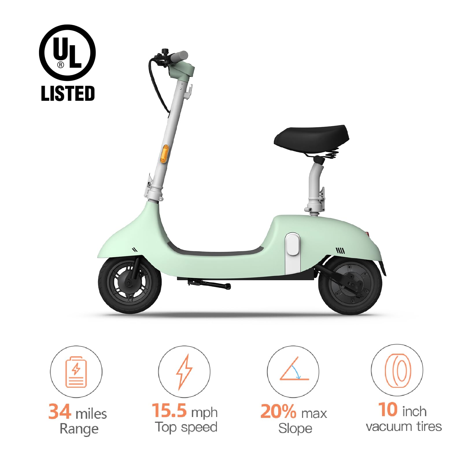 OKAI EA10 Electric Scooter with Seat, Up to 25-34 Miles Range & 15.5MPH, Modern Moped Scooter Bike with 10inch Vacuum Tires (EA10 Pro, Green)